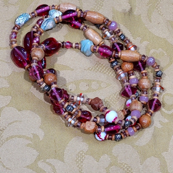 Jewelry | 5 Long String Of Mixed Media Pink And Tan Bead Necklace ...